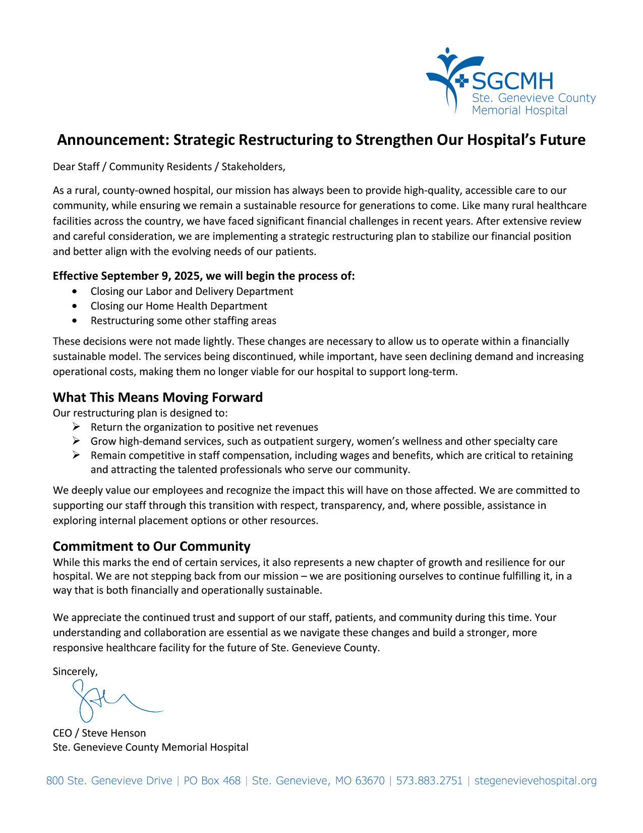 Strategic Restructuring Announcement | Ste. Genevieve County Memorial ...